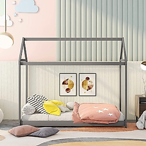 House Twin Bed Frame Wooden Platform Bed for Kids,No Box Spring Needed, Gray