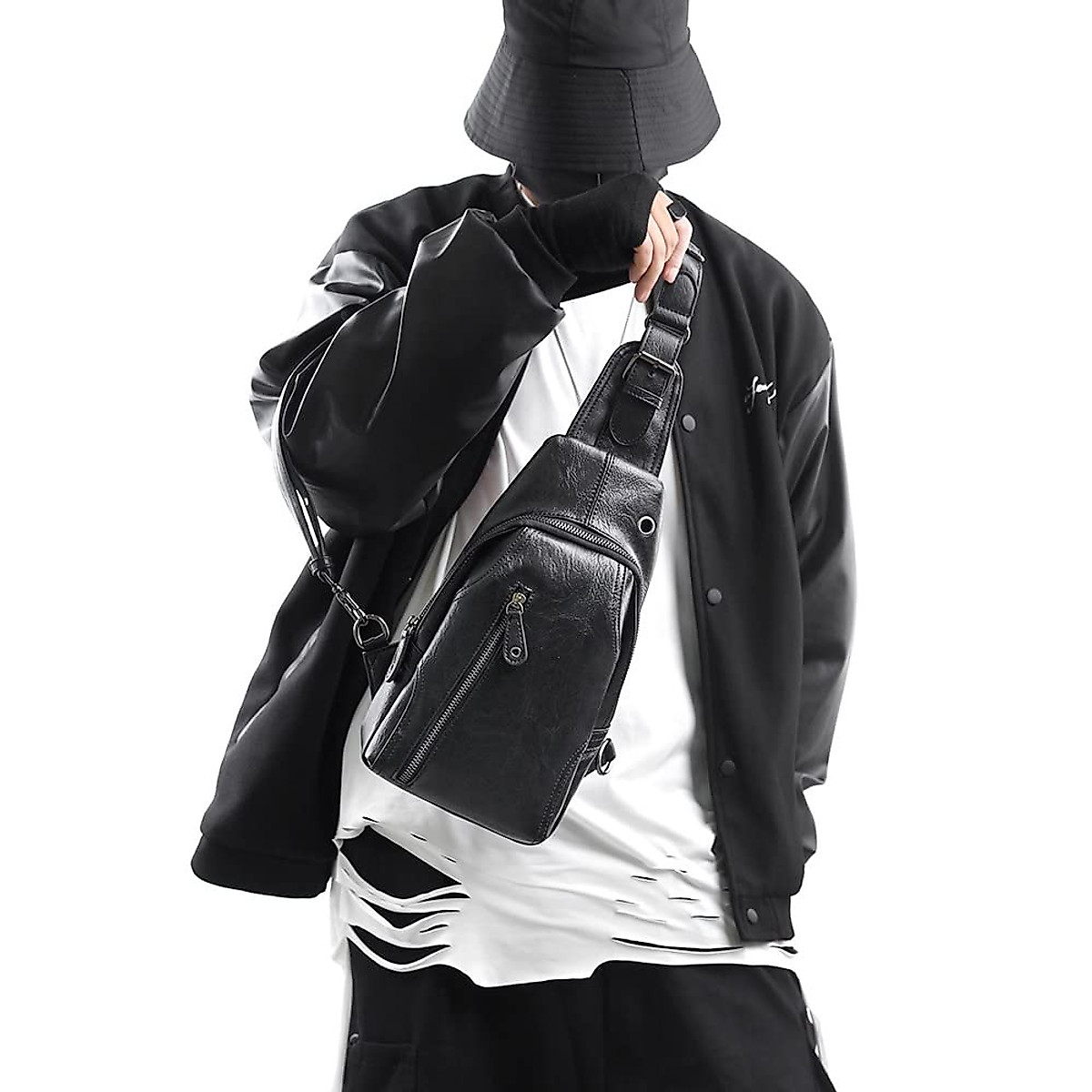 Leather Small Sling Bag,Crossbody Shoulder Bag for Men Women PU Leather Travel Cycle Hiking Daypack (Black)