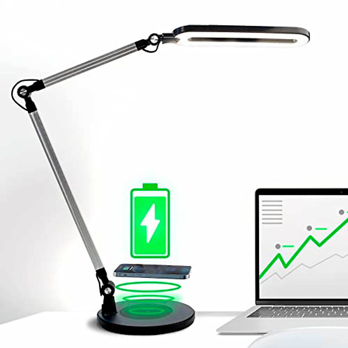 OTUS [2in1] LED Desk Lamp for Home Office with Wireless Charger, Architect LED Desk Light for Study, Reading, Working, Adjustable Tall Swing Arm Table Light, Dimmable Brightness, 3 Color Modes