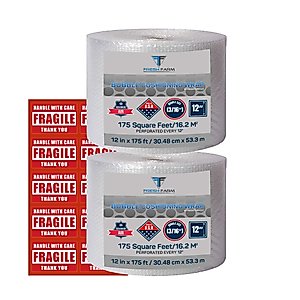 Bubble cushioning wrap 350 ft² (2 Rolls of 175 ft x 12" Wide) 3/16" Small Bubble - Perforated Every 12''- With 10 Fragile stickers by Fresh Farm LLC