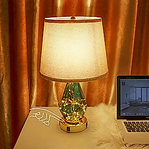 YUNHONG Modern Glass Table Lamp Set of 2,Bedside Lamp with Super Fast Charger 20W PD QC 3.0 USB C+A, 3 Way Dimmable Touch Lamps with Fairy Lights, Nightstand Lamps for Bedroom Living Room