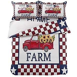 Independence Day Duvet Cover Set Cali King,4 Pieces Farm Home Red Truck Sunflowers USA Flag Bed Sheet Sets Soft Comforter Cover with Flat Sheet 2 Pillow Shams for Man/Woman Checker Plaid