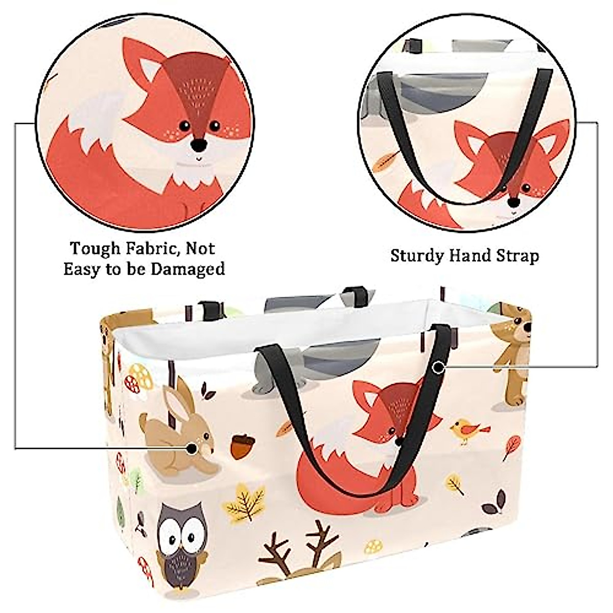 KQNZT Reusable Grocery Bags, Large Foldable Reusable Shopping Tote Bags Bulk for Groceries, Waterproof Kitchen Cloth Produce Bags with Long Handles, Fox Elk Bear Cartoon Animal