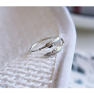 PRAYMOS Sterling Silver Feather Ring Leaf Ring Thumb Rings for Women Adjustable Wrap Open Ring for Different Fingers US Size 7 8 9