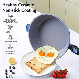 IKTU Ceramic Nonstick Deep Frying Pan, 11Inch Nonstick 4Qt Saute Pan with Helper Handle and Lid, Large Skillet Pan Induction Cookware with Detachable Handle, PFAS PFOA & PTFE Free