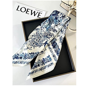 FEIBOON Mulberry Silk Scarfs Neck Scarf 21"x21" Small Square Scarfs hair scarf bandana for Women Gift Packed (White and blue flowers)