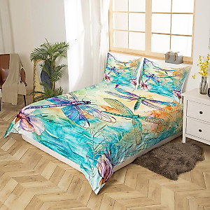 Feelyou Girls Dragonfly Bedding Set Floral Dragonfly Duvet Cover for Kids Boys Girls Ornamental Dragonfly Comforter Cover Botanical Bed Set 1 Duvet Cover with 2 Pillowcases Queen Size (No Comforter)