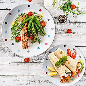 18-Piece Kitchen Dinnerware Set, MEKY Colorful Polka Dots Glassware Plates, Dishes, Bowls, Service for 6, Crack Resistant Dish Set