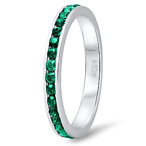Sterling Silver Italian Crafted 3mm Simulated Emerald Green CZ Eternity Band, Size 5 + Cleaning Cloth