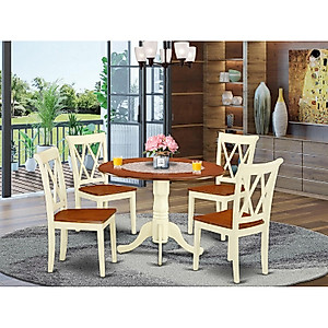 East West Furniture DLCL5-BMK-W 5 Piece Dining Room Table Set Includes a Round Dining Table with Dropleaf and 4 Wood Seat Chairs, 42x42 Inch, Buttermilk & Cherry