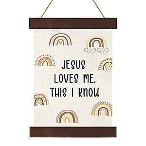 Boho Rainbow Nursery Wall Decor Baptism Gift for Girls Jesus Loves Me This I Know Christening Baby Hanging Canvas Wooden Dedication for Kids Baby Nursery Room, 10 x 13.4 Inches (Rustic Style)
