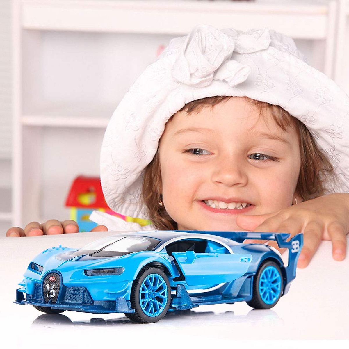 BDTCTK Bugatti Vision GT Supercar 1/32 Zinc Alloy Die Casting Pull Back Car Model Toy Sound and Light for Boy Girl Gift (Bule)
