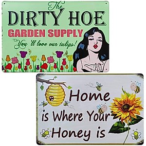 TISOSO The Dirty Hoe Garden Supply & Bee Happy Vintage Sunflower Metal Sign Garden Decorative Plaque Farmhouse Country Home Decor 2Pcs-8X12Inch