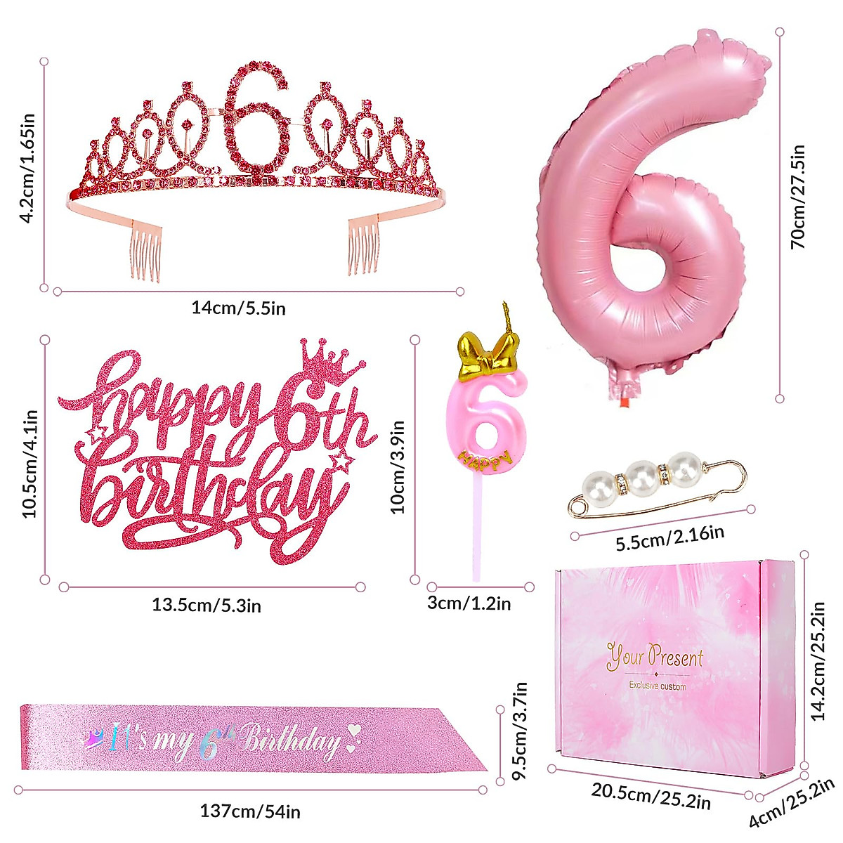 Llivseet 6th Pink Birthday Decorations Girl Includes Birthday Sash and Tiara Crown for Girls,Number Balloon & Candle,Birthday Cake Topper, 6 Year Old Girl Birthday Gifts Ideas Party Favor Supplies