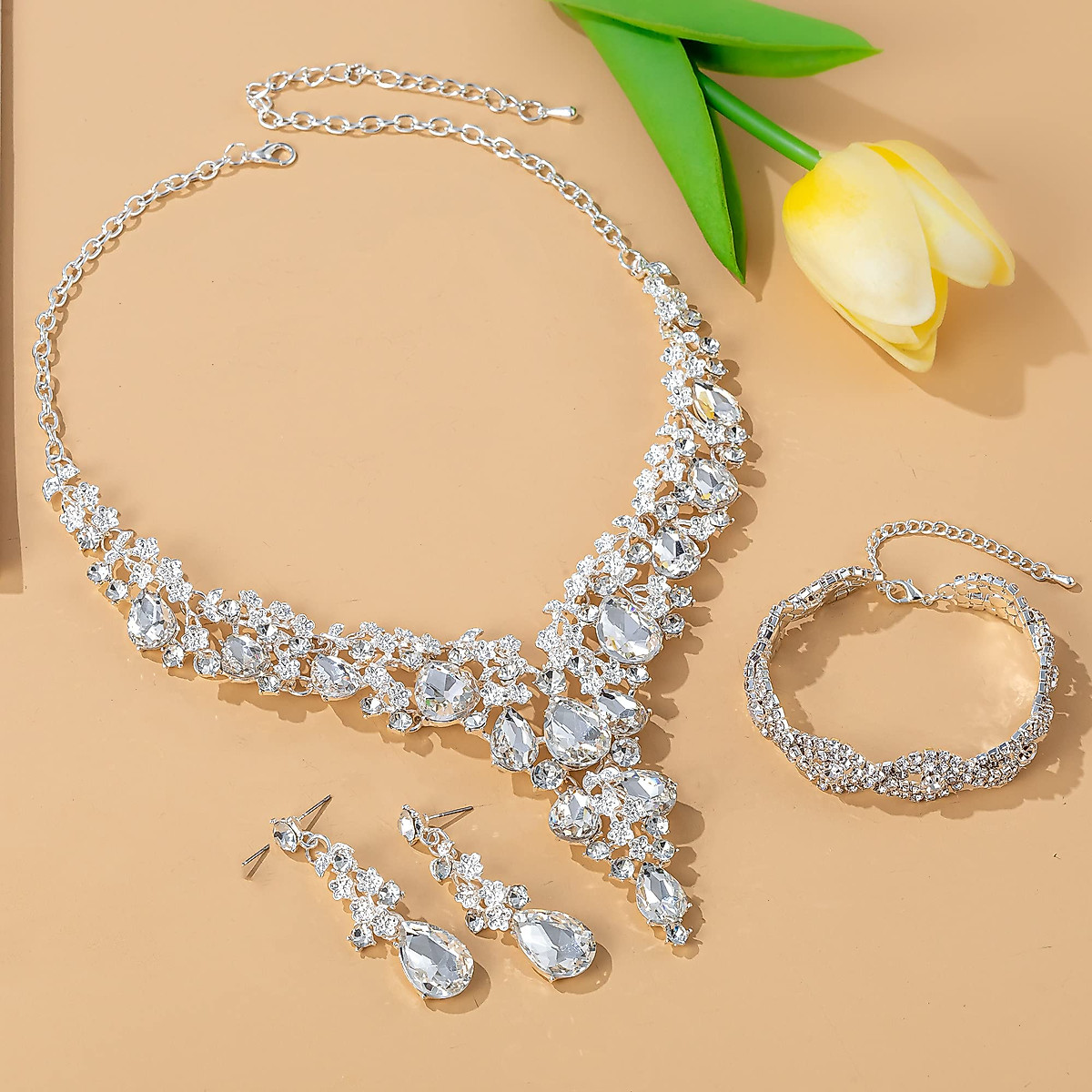 Paxuan Wedding Bridal Bridesmaid Austrian Crystal Rhinestone Jewelry Sets Statement Choker Necklace Earrings Bracelets Sets for Wedding Party Prom (Necklace + Earring + Bracelet (White))