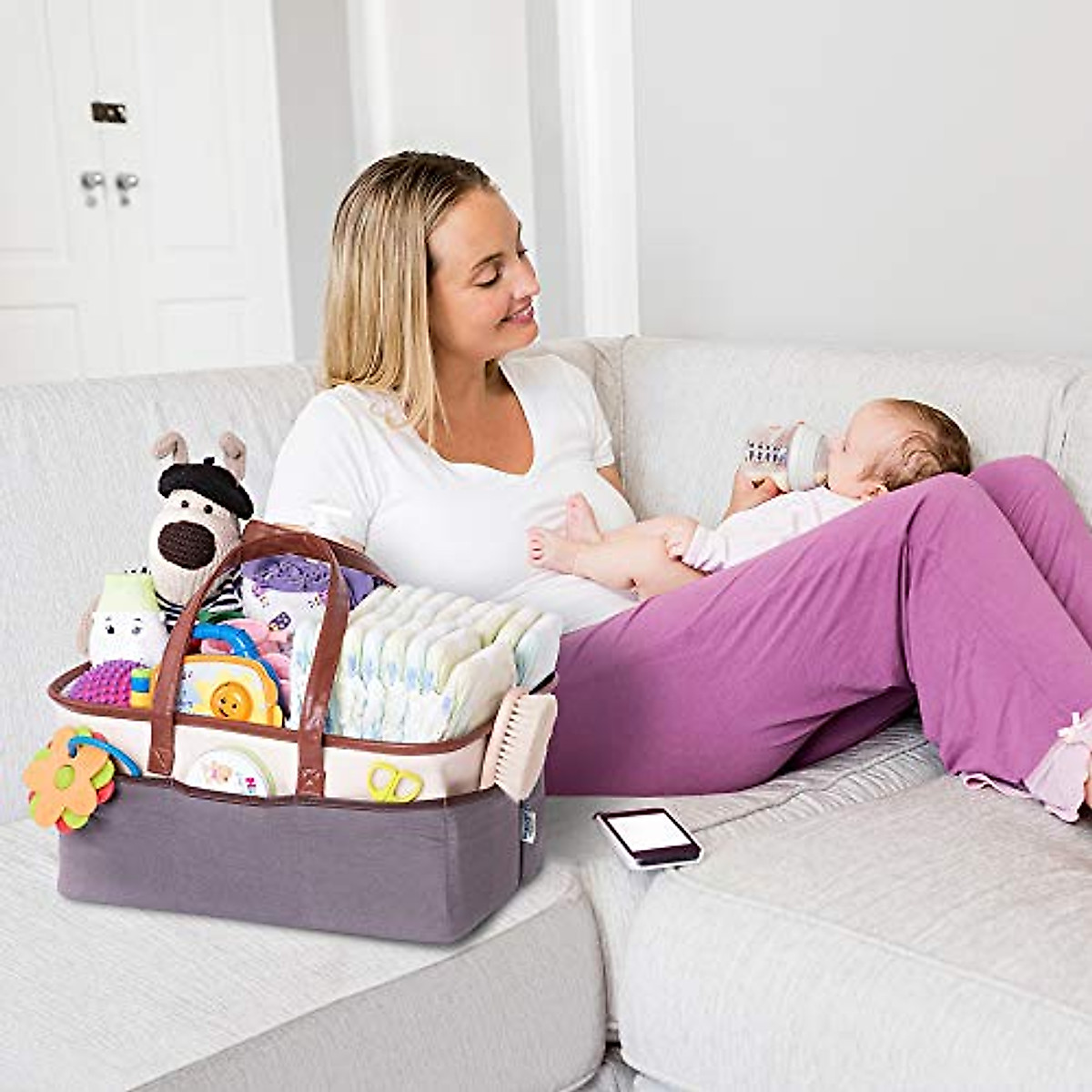 Baby Diaper Caddy Organizer - Grey Nursery Essentials Storage - Portable Basket for Car - Newborn Nursery Décor and Changing Table Accessory