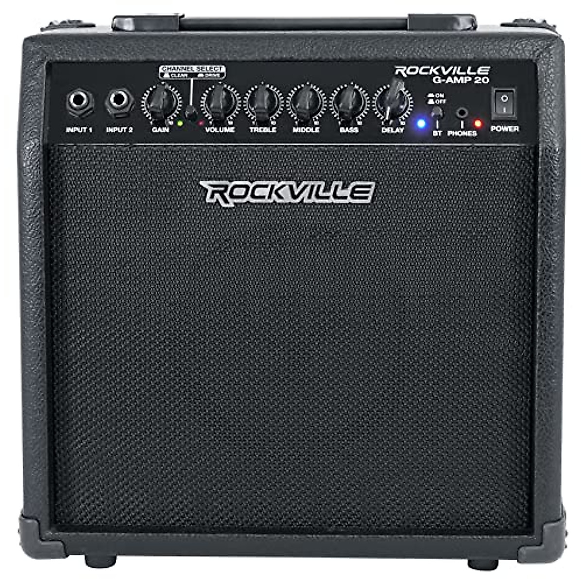 Rockville G 20 Watt Guitar Amplifier Dual Input Combo Amp Bluetooth/Delay, Black