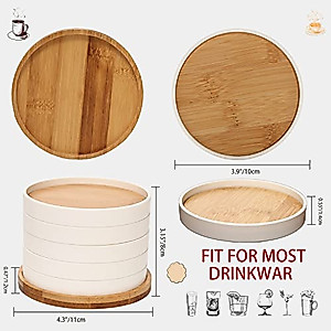 Senstap Wooden Coasters for Drinks Coffee Table, Round Drink Coasters with Holder, Set of 5 Cup Mat for Tabletop Protection, Cup Coaster with Lip 4-inch, White