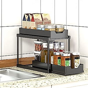 MYITYARD Under Sink Organizers and Storage, 2 Tier Pull Out Sliding Drawer with Hanging Cup and 4 Hooks, for Bathroom Kitchen Cabinet Multifunctional Under Sink Storages Shelf, Black