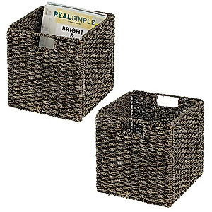 mDesign Seagrass Woven Cube Bin Basket Organizer with Handles - Storage for Bedroom, Home Office, Living Room, Bathroom, Shelf/Cubby Organization, Hold Blankets, Magazines, Books - 2 Pack, Black Wash