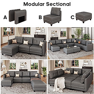 LLappuil Modular Sectional Sofa with Reversible Chaise, U Shaped Couch with Storage, Modern Faux Leather Fabric Sofa with Ottoman, Oversized Sectionals for Living Room, 9 Seat, Dark Grey