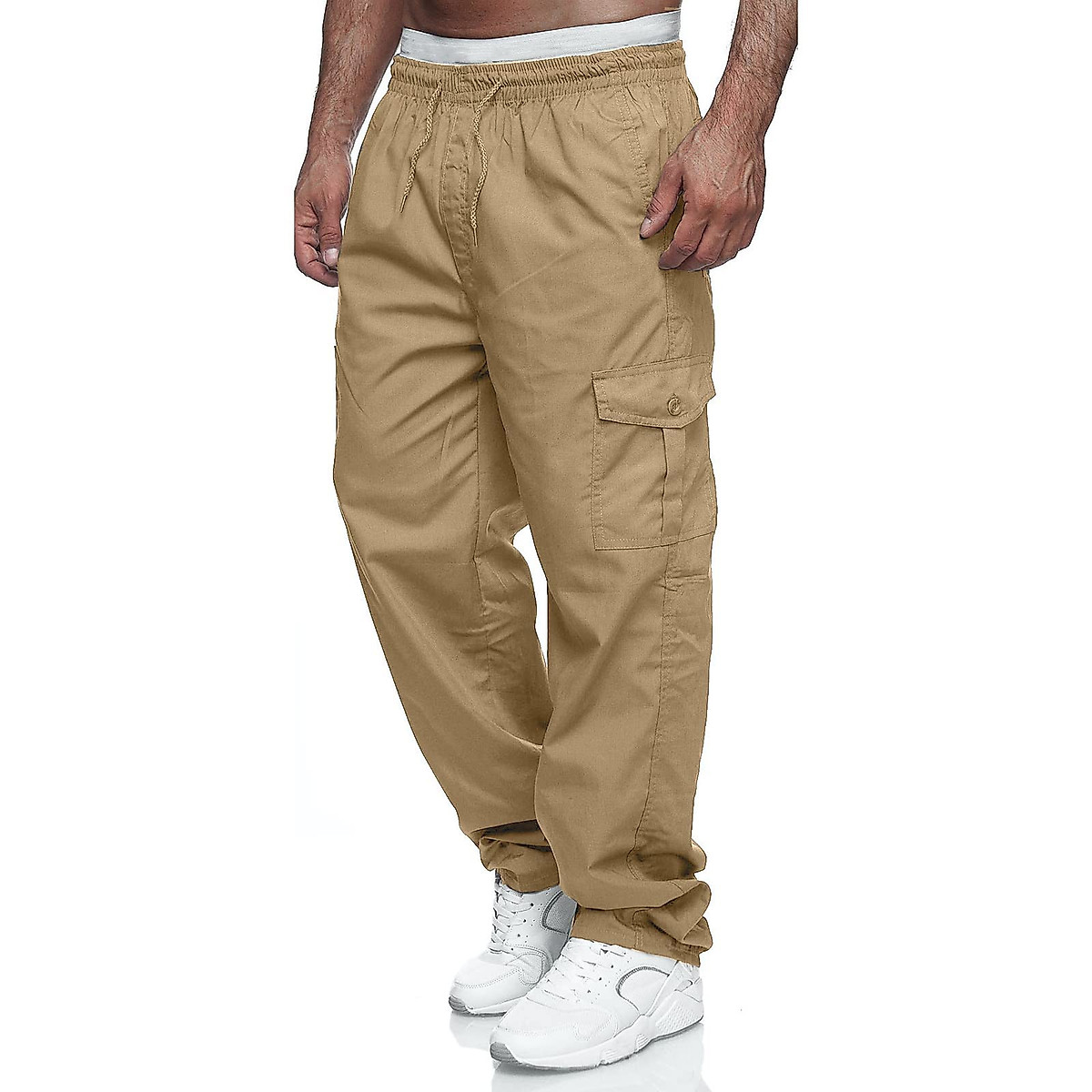 WZIKAI Mens Cargo Pants Relaxed Fit Drawstring Joggers Sweatpants for Men Workout Casual Long Trousers Khaki XXXL