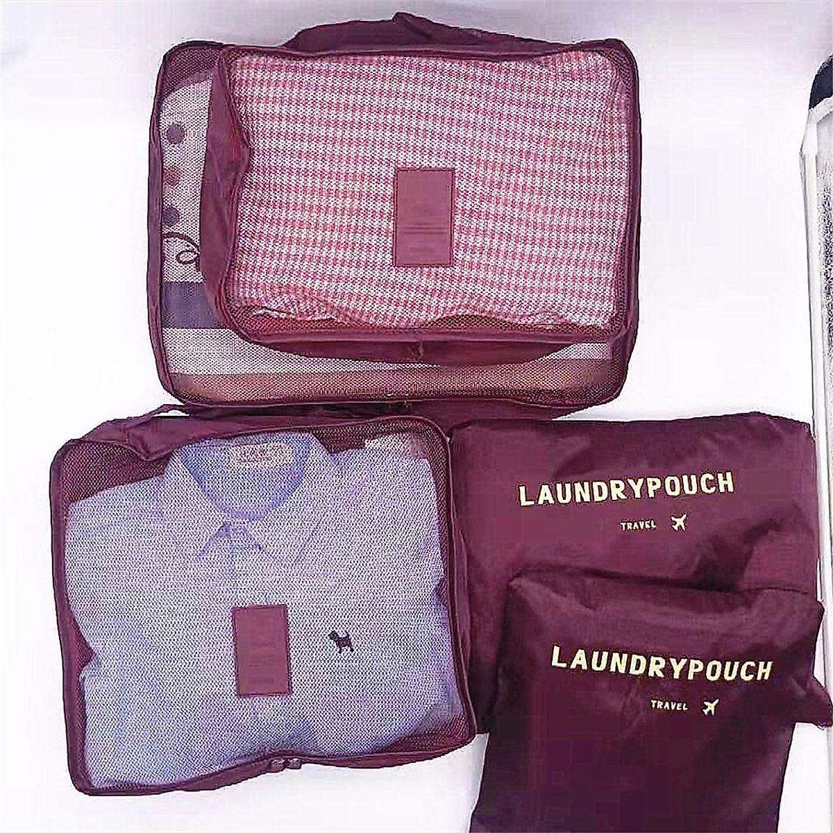 Storage Bags with Shoe Travel Cubes Carry on Packing Luggage Set 6 Organizers Portable Housekepping Packing Room Organizers Boxes for Car Travel Outside Moving Laundry(Burgundy)