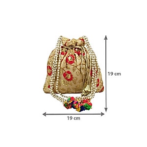 GoldGiftIdeas Ethnic Kuchhi Flower Embellished Potli Bags with Pearl Handle, Potli Bags for Return Gift, Bridal Potli Bags for Wedding,Shagun Potlies, Traditional Party Favor Bags (Set of 3)