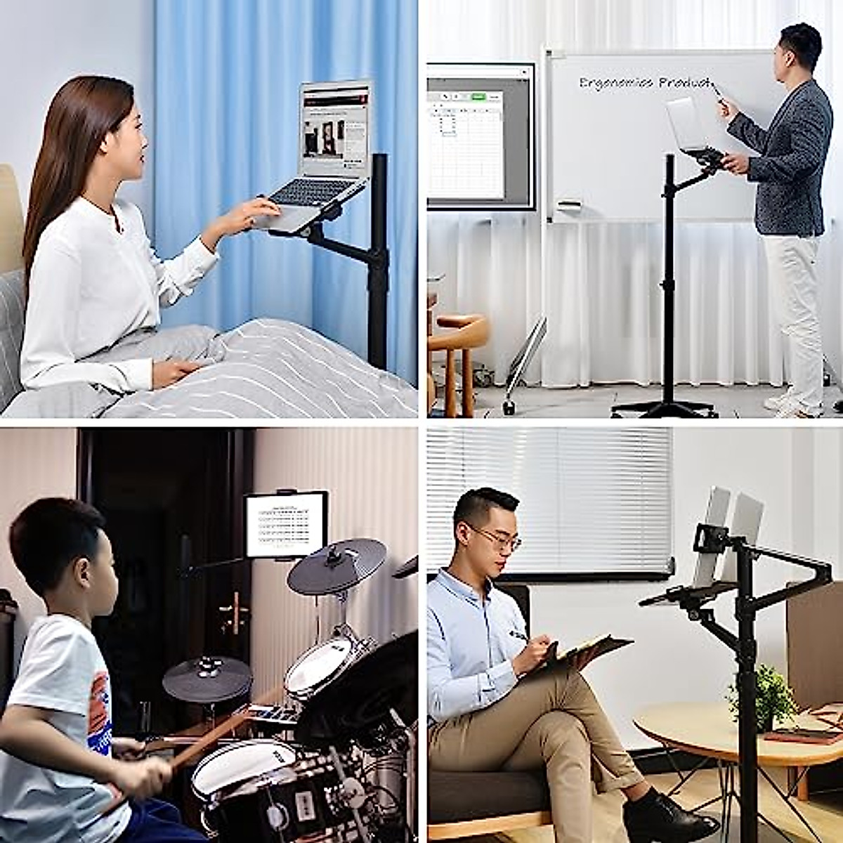 viozon Tablet and Laptop Floor Stand, 2-in-1 Rolling Adjustable Dual arm, Compatible with 4.5~13'' Phone and Tablet Compatible with iPhone, iPad Pro, iPad, Extra Tray Fits 12 to 17'' Laptop/Notebook(B