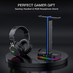 Havit RGB Gaming Headset and Headphone Stand 2 in 1 Set, Desk Dual Headset Hanger Base with Phone Holder & 2 USB Port, Gaming Headphone with Mic for Desktop PC Game PS4 PS5 Xbox