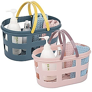 Anyoifax 2 Pack Portable Shower Caddy Tote Plastic Basket with Handle Storage Organizer Bin for Bathroom, Pantry, Kitchen, College Dorm, 12 x 7.4 x 6.5 inch, Set of 2, Pink & Deep Blue