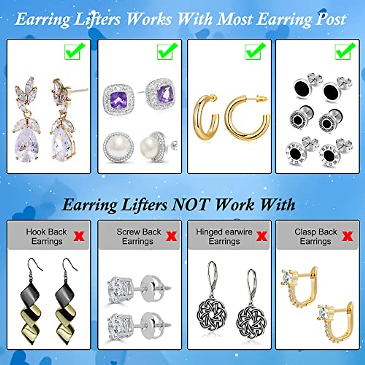 2 Pairs Earring Backs for Droopy Ears,Adjustable Crown Large Earring Backs for Heavy Earring,18K Gold Plated Hypoallergenic Earring Lifters Secure Earring Backs for Studs(WhiteGold)