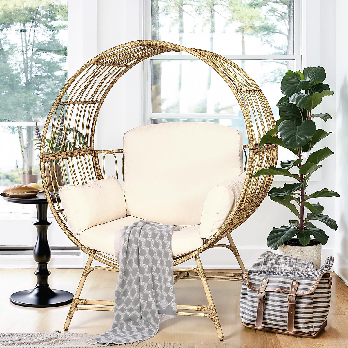 LHBcraft Wicker Round Egg Chair, Oversized Indoor Outdoor Lounger for Patio Living Room, w/ 4 Cushions, Steel Frame, 330lbs Capacity