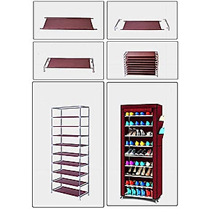 DESIGNSCAPE3D Portable 9 Tiers Shoe Rack with Cover, Non-woven Fabric, 9 Lattices, Space-saving, Suitable Bedroom Cloakroom, Black