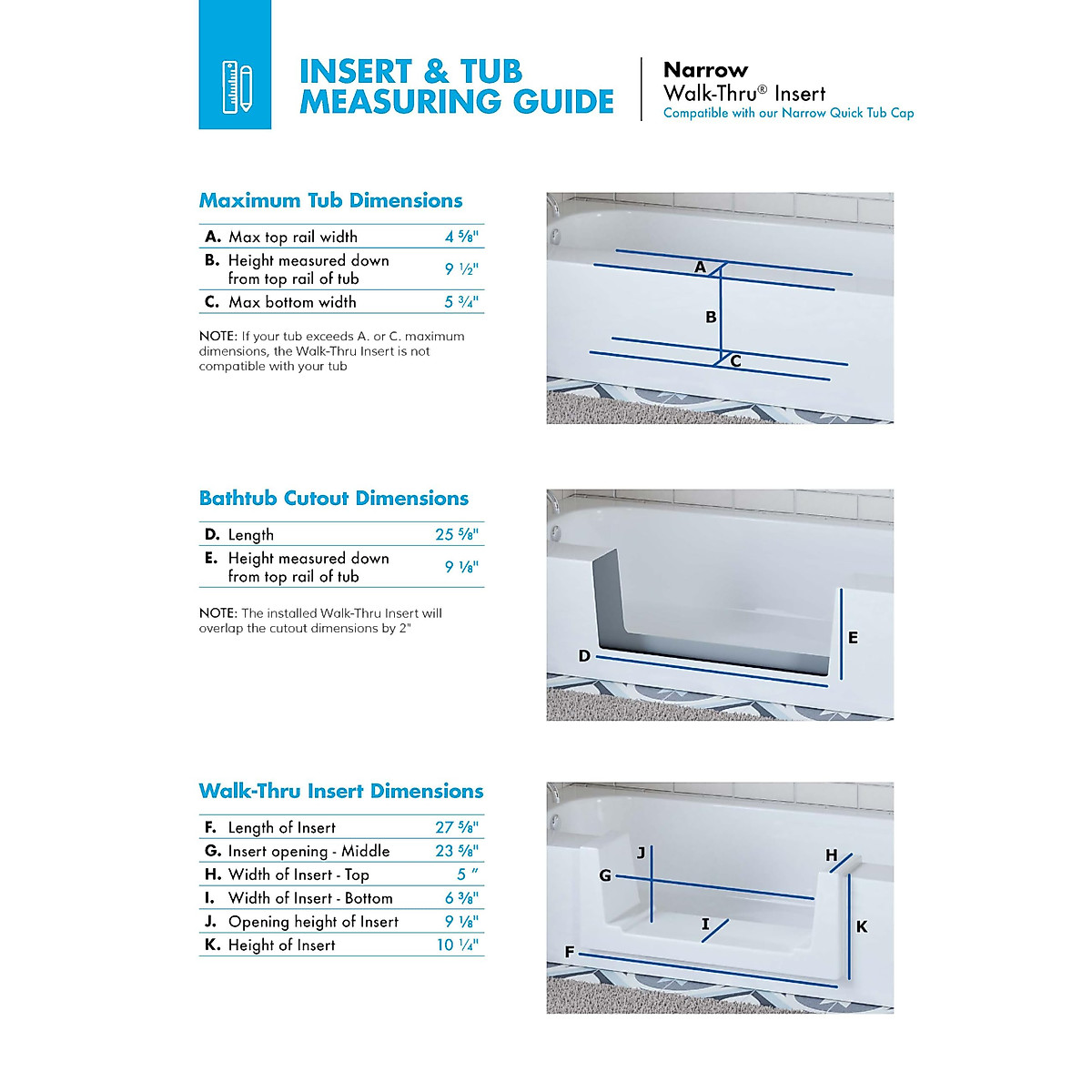 Quick Tub Walk-Thru Insert Accessibility Kit - Bath to Shower Conversion (Narrow), White