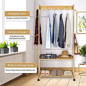 INTOBOO Bamboo Garment Rack, Clothes Hanging Rack with 2 Tier Storage Shelves, Heavy Duty Clothing Rack & Storage Organizer, Movable & Easy to Assemble