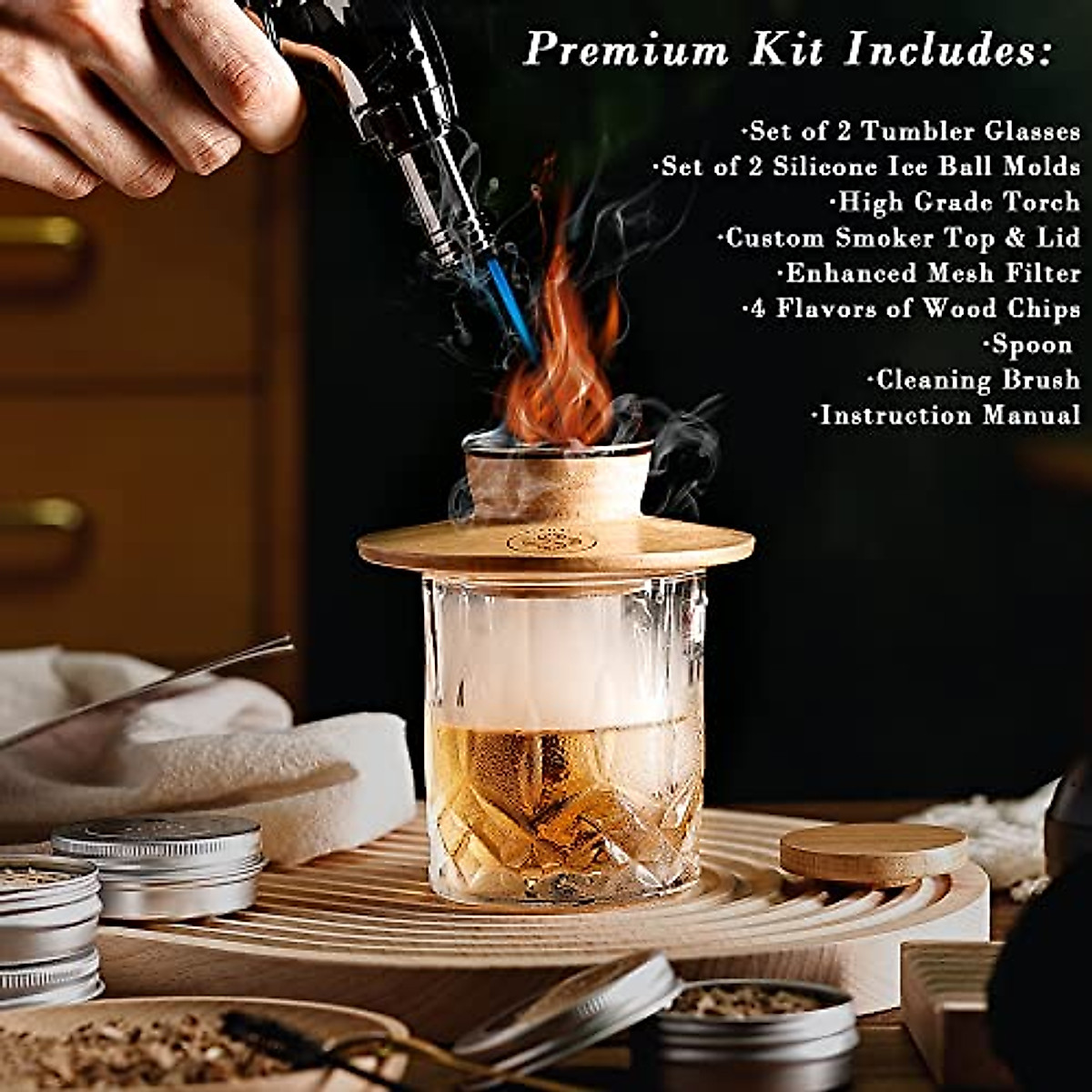 Ritual Life Cocktail Smoker Kit with Torch, 2 Bonus Glasses, 2 Ice Ball Molds, 4 Flavor Chips- Old Fashioned Smoker Kit for Whiskey, Bourbon Drinks & Food- Birthday