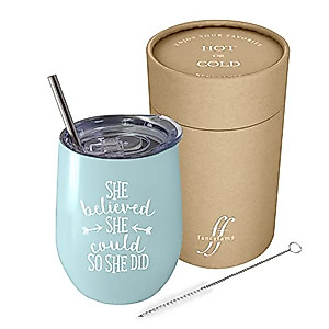 Fancyfams She Believed She Could So She Did - Congratulations Gifts - Graduation Gifts for Her - 12 oz Stainless Steel Wine Tumbler (Blue)