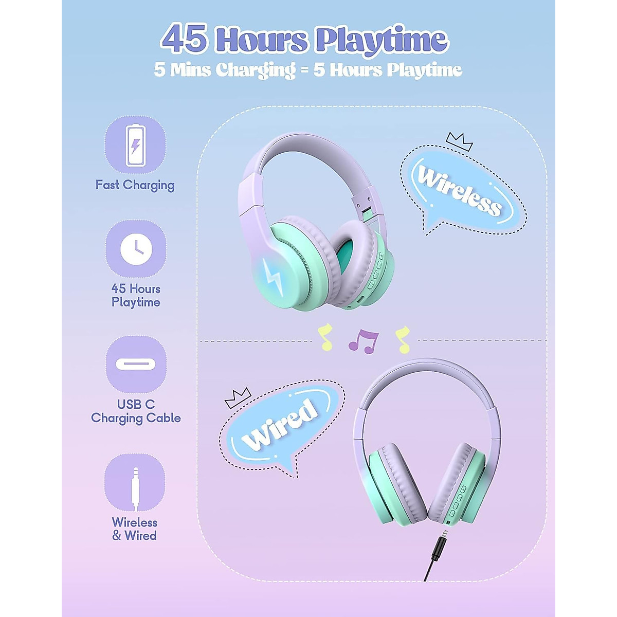 Kids Bluetooth Headphones, Colorful Wireless Over Ear Headset with LED Lights, Built-in Mic, 45H Playtime, 85dB/94dB Volume Limited Headphones for Boys Girls iPad Tablet School Airplane Green Purple