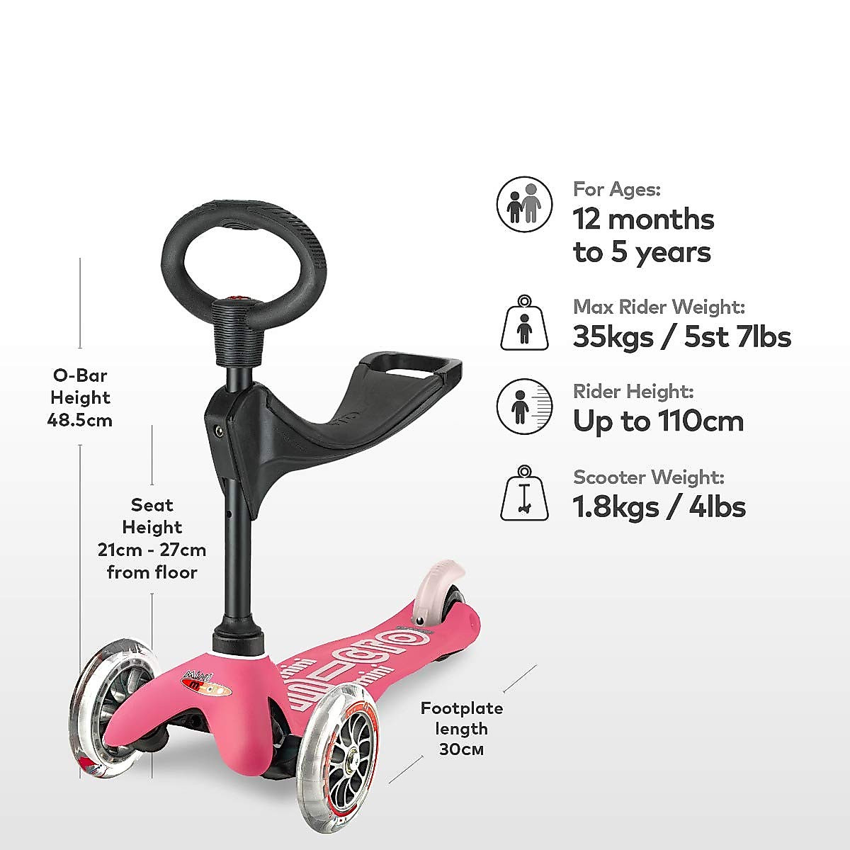 Mini 3in1 Deluxe 3-Stage Ride-on Micro Scooter Toddler Toys for Ages 12 Months to 5 Years - Pink