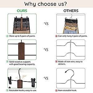 Mkono 3 Pack Pants Hangers Space Saving 5 Tier Skirt Hanger with Adjustable Clips, Wood Rubber Coated Clips Clothes Hanger for Shorts Trouser Jeans Organize 360 Swivel Multiple Closet Storage Hanger