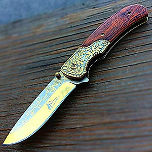 8.25" Gold Floral Rose Etch Spring Assisted Folding Tactical Pocket Stainless Steel Blade Knife