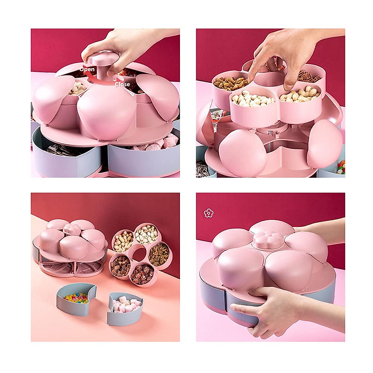 Ygapuzi Double Deck Snack Box Flower Shaped Rotating Candy Serving Containers, 10 Grid Creative Snacks Storage Tray for Dried Fruit, Nuts, Chips, Olives (New Pink)