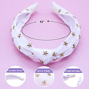 FROG SAC Star Studded White Knotted Headband, Velvet Hair Accessory with Gold Stars for Girls, No Slip Fashion Head Band