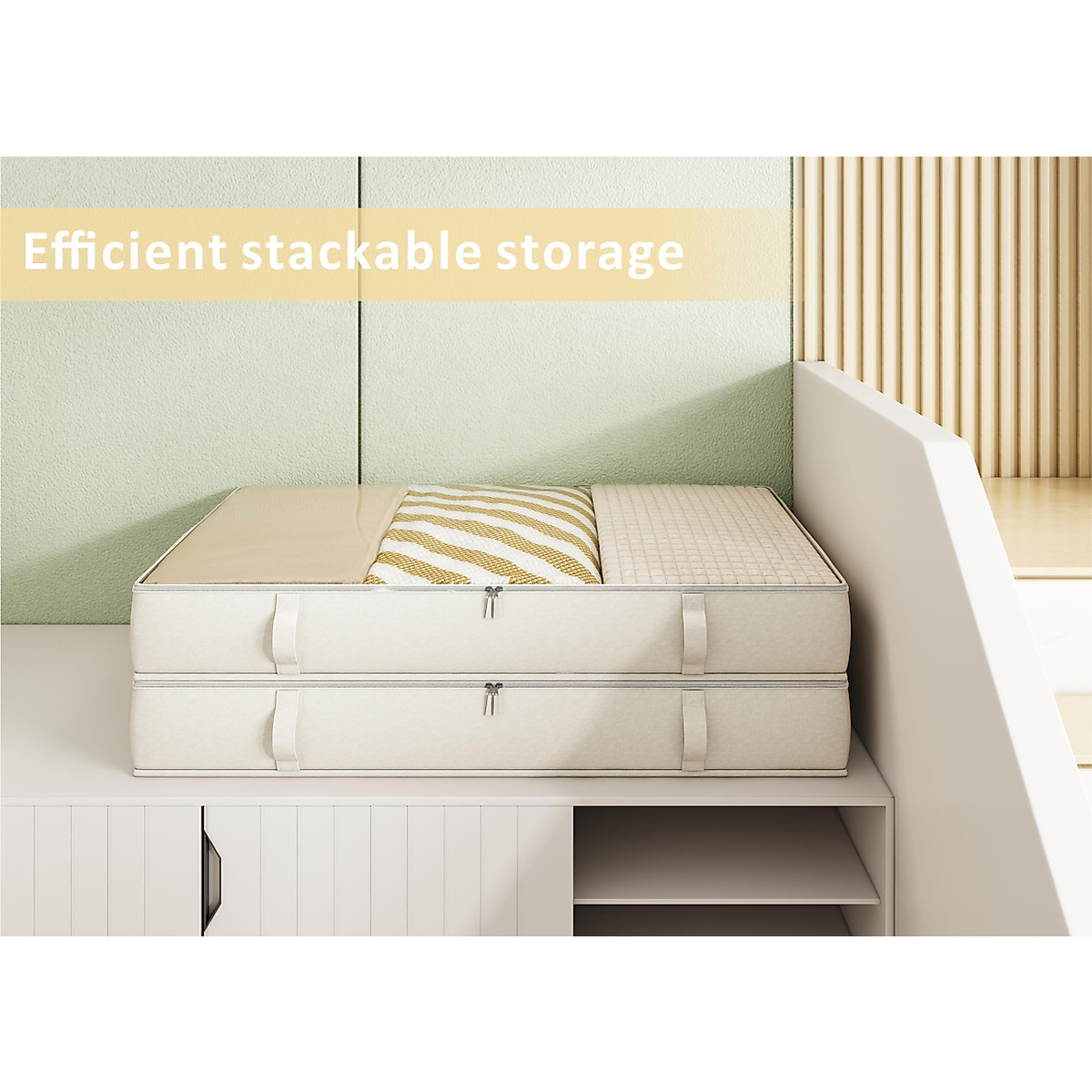 Vailando Under Bed Storage Containers, Underbed Storage Bins with 6 Inches Tall, Clothes Storage Box with Sturdy Handles and Sidewalls, Beige, 2-Pack