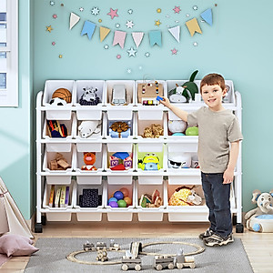 EXPERLAM Kids Toy Storage Organizer with 20 Plastic Bins, 4-Tier Metal Toy Storage Rack, Extra Large Toy Organizer and Storage Bins for Kids Room, Playroom and Nursery, White