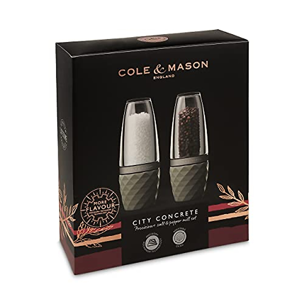 Cole & Mason H321806 City Salt and Pepper Mills | Precision+ Stemless | Concrete/Acrylic | 160 mm | Gift Set | Includes 2 x Salt and Pepper Grinders | Lifetime Mechanism Guarantee