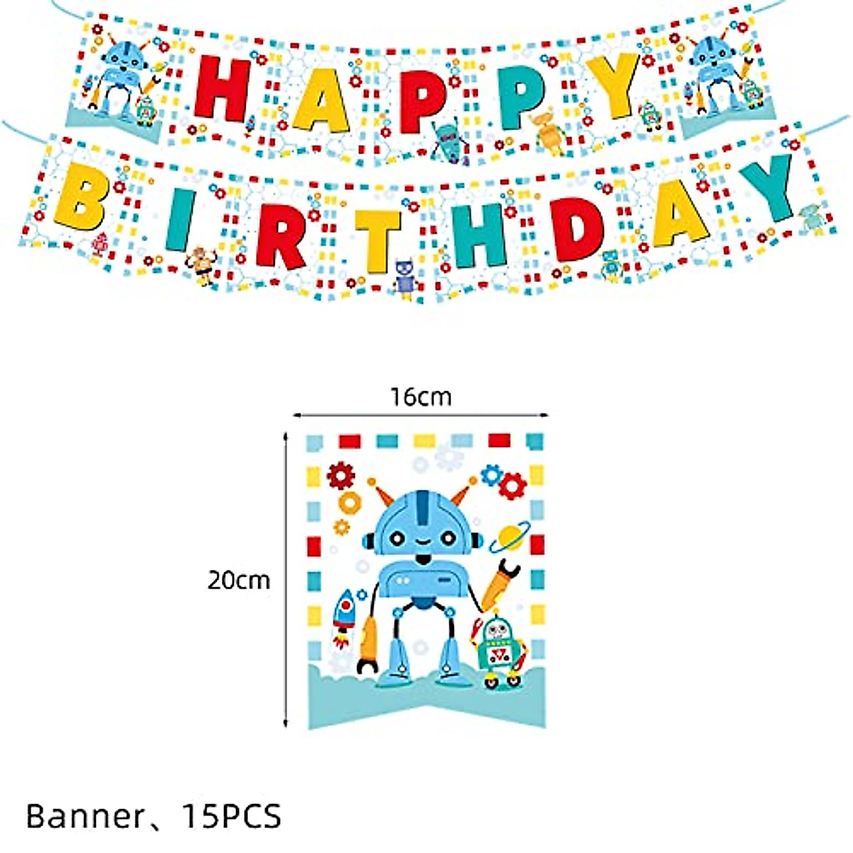 50Pcs Robot Party Supplies Set-Including Happy Birthday Banner,Cake Topper and Cupcake Toppers,Spiral Ornaments,Latex balloons for kid s Boys Robot Theme Party Decoration