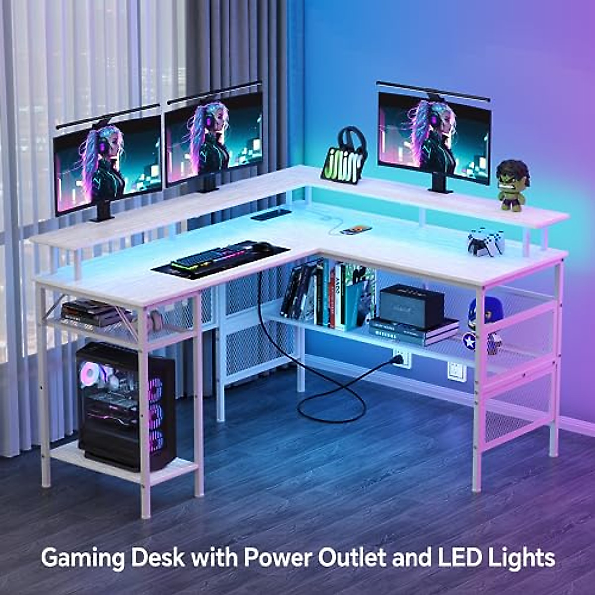 FEMOND L-Shaped Gaming Desk with LED Lights, Modern White Computer Desk, 55 Inch, 3 Shelves, 1 Adjustable Shelf, Perfect for Home Office, Gaming Setup, and Small Places