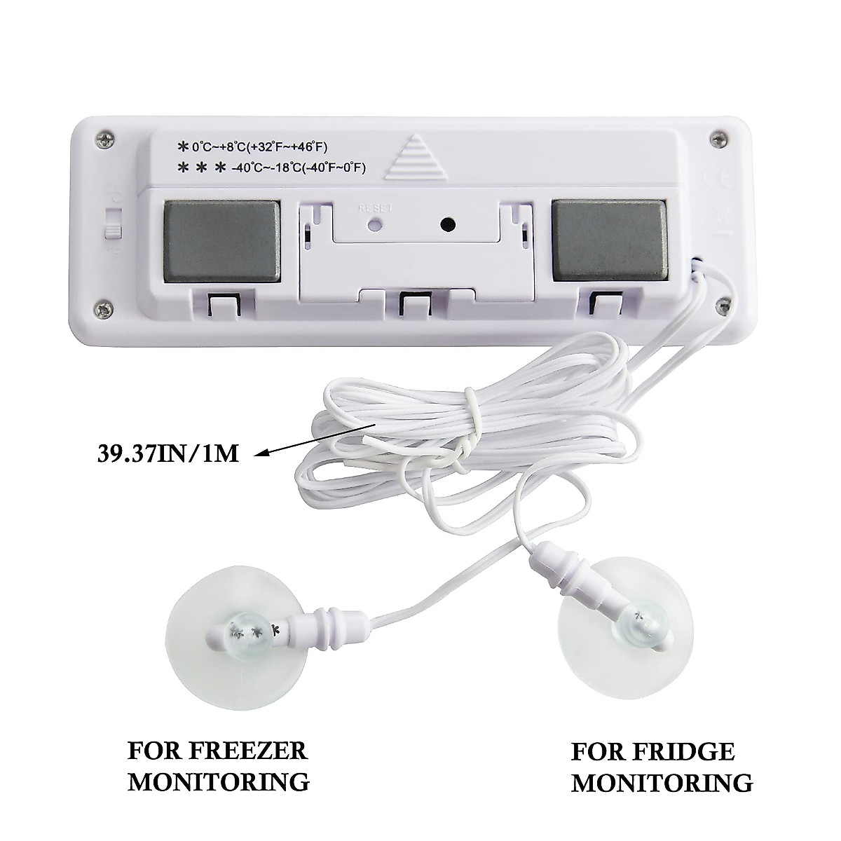 Refrigerator/Freezer Alarm Thermometer 2 Channel Fridge Thermometer with LED Alarm Indicator Max/Min Memory for Home Kitchen Restaurants Bars Cafes